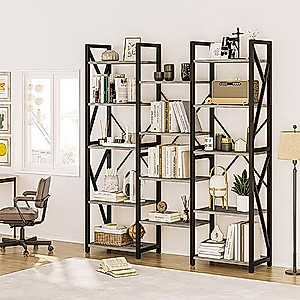 IDEALHOUSE Triple Wide 5 Tier Book Shelf, Tall Bookshelf with Open Display Shelves, Industrial Large Bookshelves and Bookcases with Metal Frame for Living Room, Bedroom, Home Office-Grey