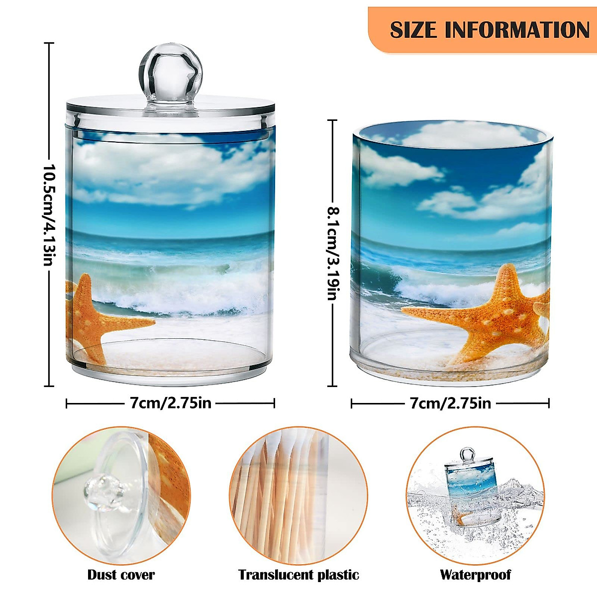 ALAZA 2pcs Summer Sea Beach Starfish Funny Qtip Holder Dispenser 14 oz Bathroom Storage Clear Apothecary Jars Containers Cotton Ball,Cotton Rounds,Floss Picks, Hair Clips, Food