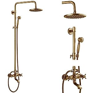 Aolemi Antique Brass Tub Shower Faucet 8 Inch Shower Head Vintage Shower Fixture Set Mixer Handheld Spray Triple Function Shower Combo