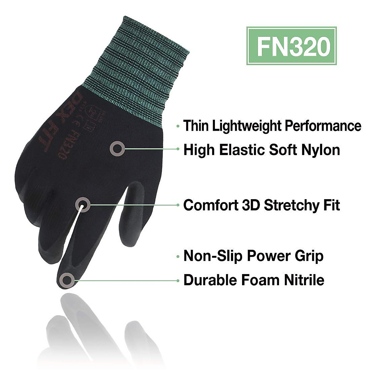 DEX FIT Premium Nylon Nitrile Work Gloves FN320, 1 Pair, 3D-Comfort Stretchy Fit, Firm Grip, Thin & Lightweight, Durable, Breathable & Cool, Machine Washable; Black 8 (M)