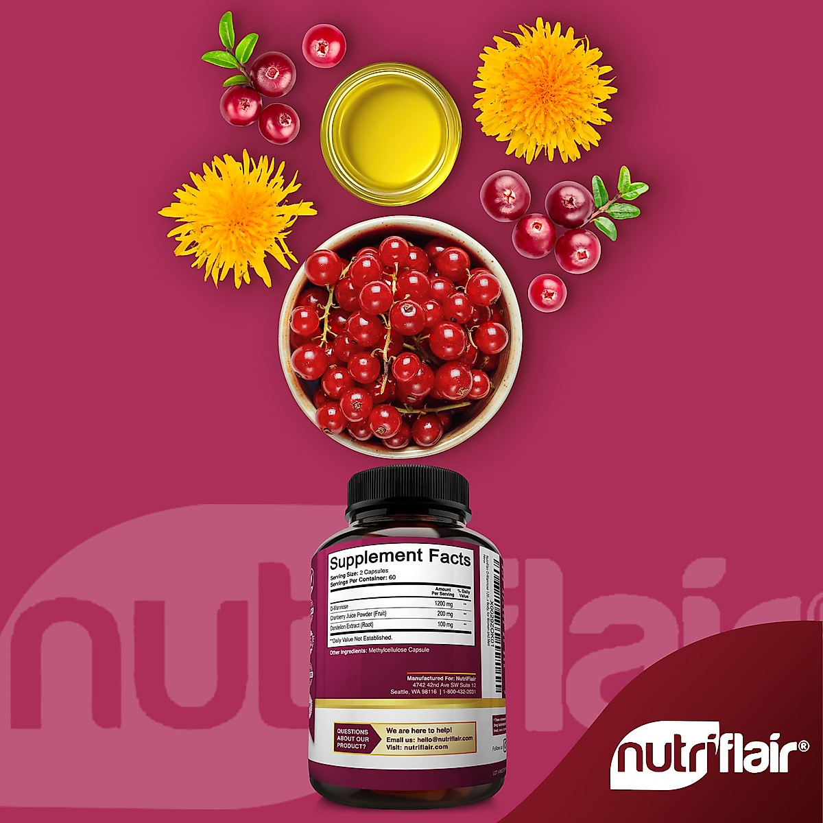 NutriFlair D-Mannose 1200mg, 120 Capsules - with Cranberry and Dandelion Extract - Natural Urinary Tract Health UTI Support - Best D Mannose Powder - Flush Impurities, Detox Body, for Women and Men