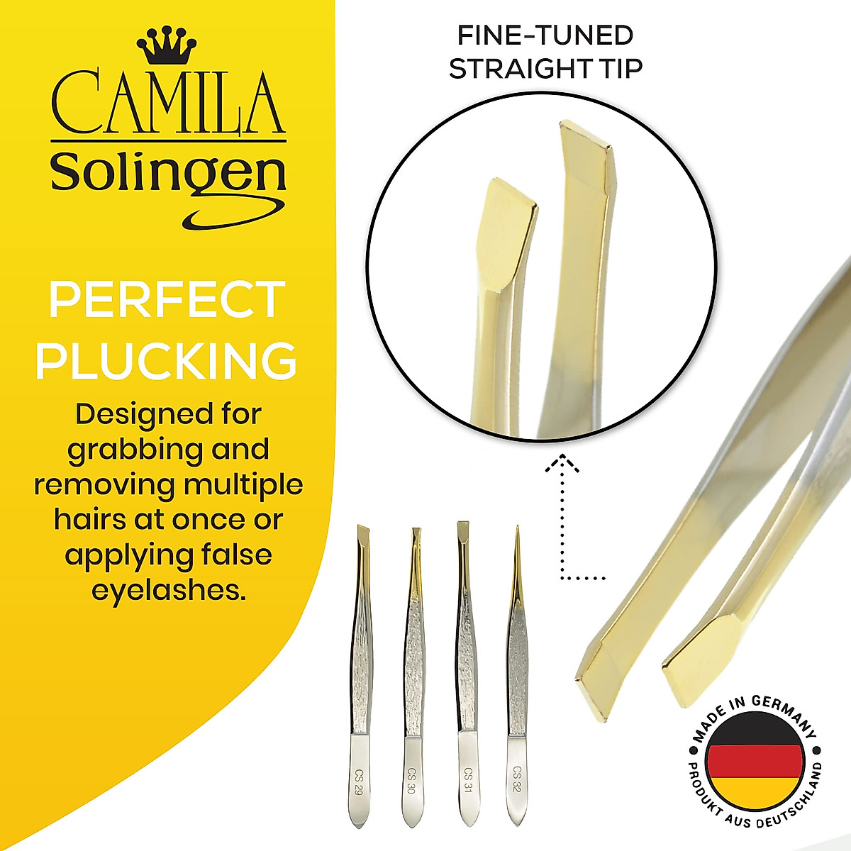 Camila Solingen CS31 3 1/2" Gold Tipped, Surgical Grade, German Stainless Steel Tweezers (Straight) - Flawless Facial Hair and Eyebrow Shaping and Removal for Men/Women