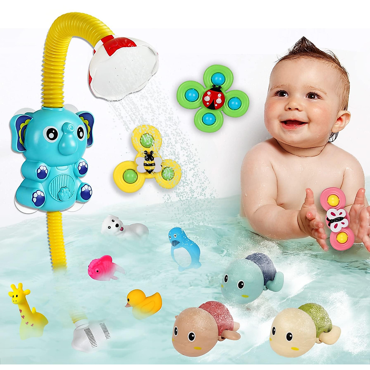 Gonumi Baby Bath Bathtub Toy with Shower Head Suction Cup Spinner Swimming Turtle, Toys Gifts for 6 to 12 Months, Toddlers 1-3, Kids Age 2-4,4-8, Water Gift Boys Girls New Born