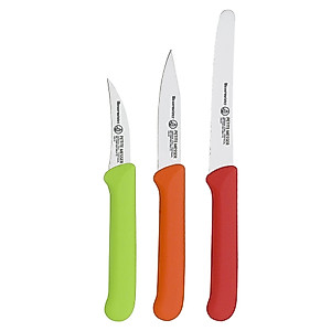 Messermeister Petite Messer Parer Trio Set with Matching Sheath, Blue - Includes 2.5” Bird's Beak Parer, 3” Clip Point Parer & 4.5” Serrated Tomato Knife - Lightweight & Rust Resistant