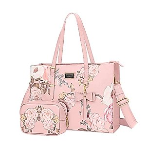 MOSISO Laptop Tote Bag Compatible with MacBook Air 15 inch M2 A2941/Pro 16 M3 M2 M1, 15-15.6 inch Notebook, Peony PU Leather Travel Work Briefcase with Detachable Bowknot & Small Purse, Pink