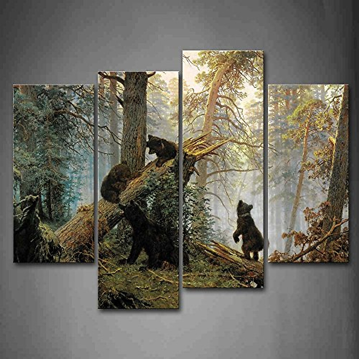 First Wall Art - Bears Play in Forest Broken Tree Wall Art Painting The Picture Print On Canvas Animal Pictures for Home Decor Decoration Gift