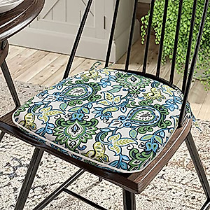 MAGPIE FABRICS Outdoor/Indoor Chair Cushions with Ties, Waterproof All Weather Patio Seat Pads for Patio Furniture Home Office Garden Decoration 17"x16"x2" (Botanical Blue Green, Set of 4)