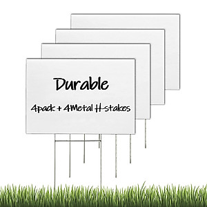 4 Pack Blank Yard Signs with H Metal Stakes,17"x12" Garage Sale Signs,White Plastic Customize Yard Signs for Garage Sale,Rent, Guidepost Decorations,DIY Outdoor Sign for House,Road