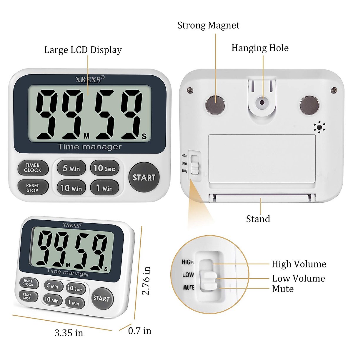 XREXS Digital Kitchen Timer, Magnetic Countdown Up Cooking Timer Clock with Large LCD Display, Adjustable Volume, Loud Alarm & Strong Magnet Classroom Timer for Teachers (Batteries Included)
