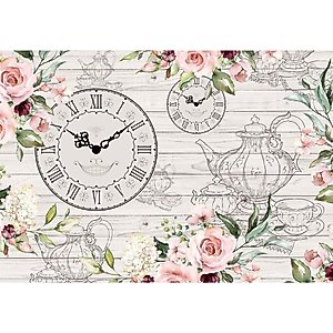LIVUCEE 7x5ft Polyester Fabric Rustic Floral Tea Party Backdrop Girl Birthday Party Supplies Watercolor Flower Teapot Clock Wood Wall Decorations Baby Shower Bridal Wedding Photo Booth Props