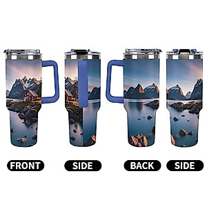 LLUTSNTH 40 Oz Vacuum Tumbler with Deep Blue Handle Leakproof Insulated Tumbler Norway Islands Stainless Steel Travel Mug with Lid And Straw Coffee Cup Cute Water Bottles Cup Holder Friendly