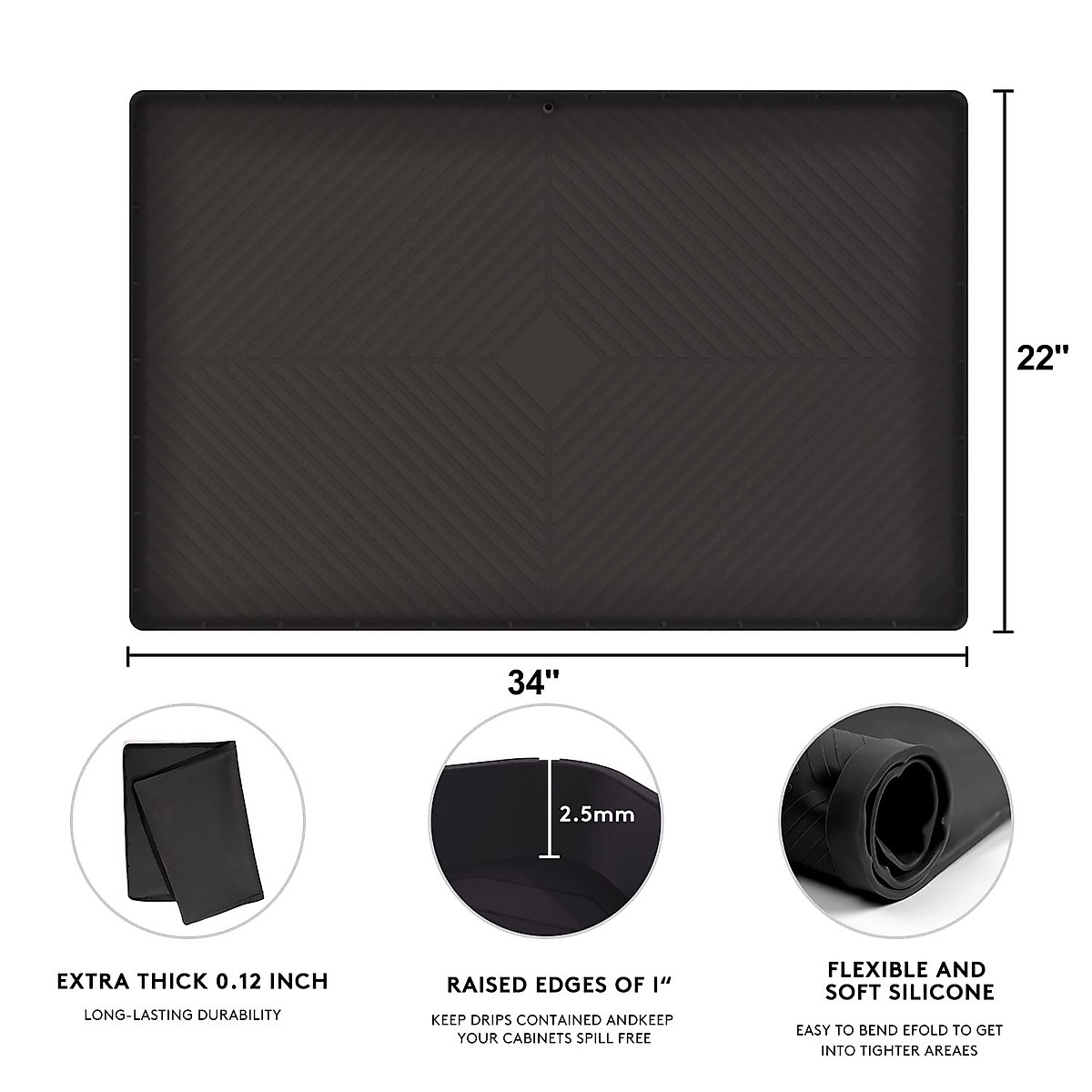 Under Sink Mat,PRETIRENO 34" x 22" Silicone Under Sink Liner for Kitchen & Bathroom Sink Base Cabinets,Under Sink Drip Tray with Lip, Black