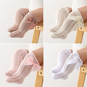 Taous Assam Baby Girls Knee High Socks Toddler Bow Mesh Long Stockings Infants Thin Socks For Spring Summer 5-Pack Mesh Size 0-12 Months