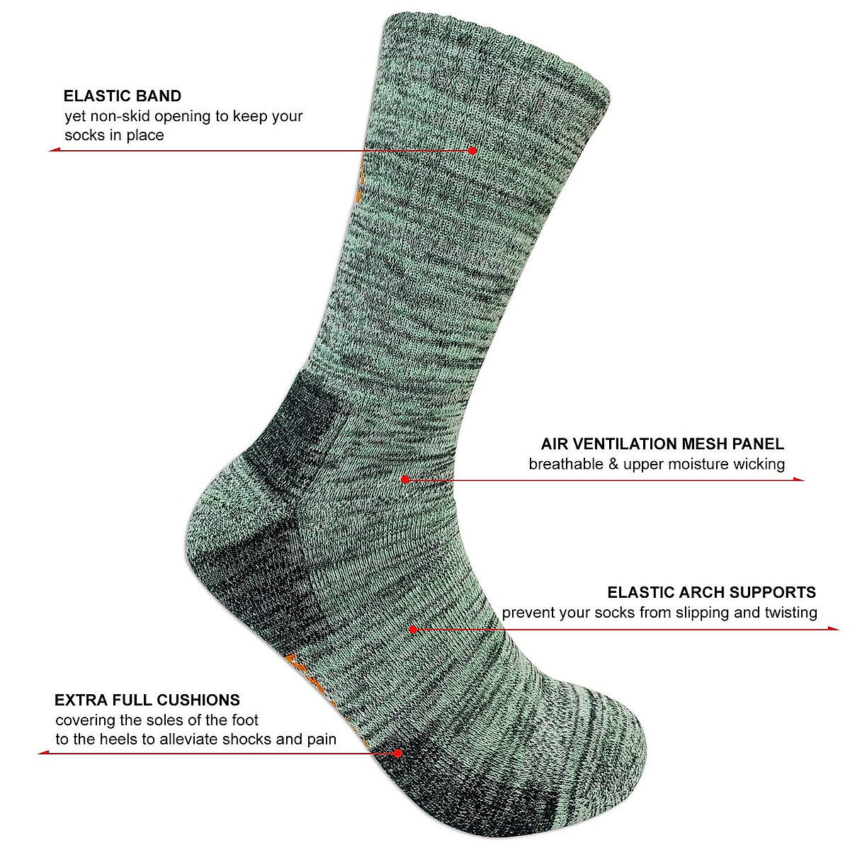 KONY Men's 5 Pairs Thick Cushion Hiking Walking Socks, Wicking Outdoor Sports Crew Socks (Mix-1, Large(US shoe size 11-14))