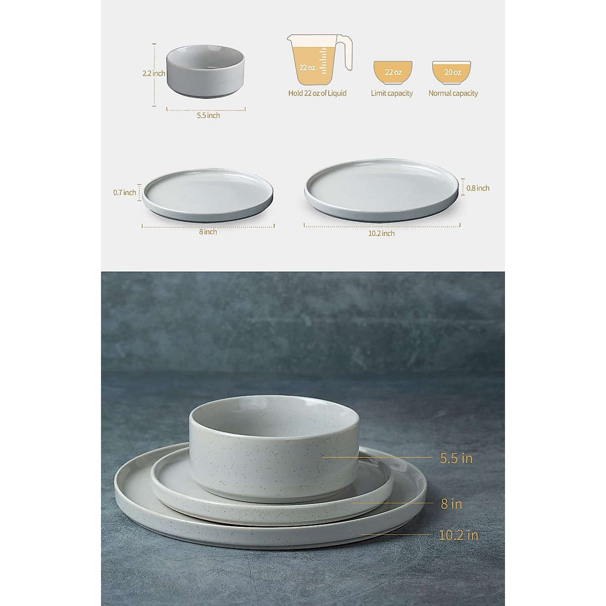 Famiware Nebula Plates and Bowls Set, 12 Pieces Dinnerware Sets, Dishes Set for 4, Light Gray