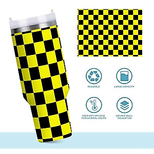 Caikeny Insulated Tumblers with Lid and Straw Checkerboard Yellow 40 oz Reusable Stainless Steel Cup Black Water Bottle Coffee Travel Tumbler Mug for Women Men