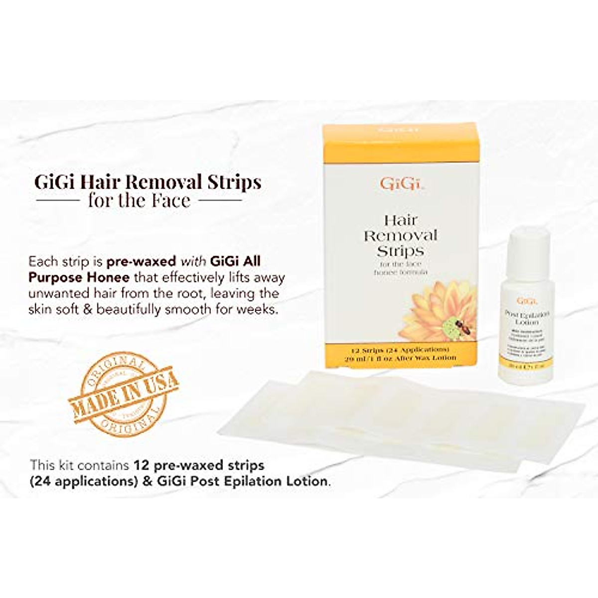 GiGi Hair Removal Strips | For the Face | Pre-Waxed with GiGi All-Purpose Honee Formula, 12 Strips