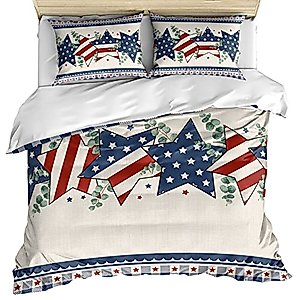 Lsrtoss 4th of July Queen Duvet Cover Set for All Season, Independence Day Eucalyptus Leaves Blue Red Star Microfiber 3 Piece Bedding Set with 2 Pillowcases & 1 Quilt Cover, 90" W x 92" L, Queen Size