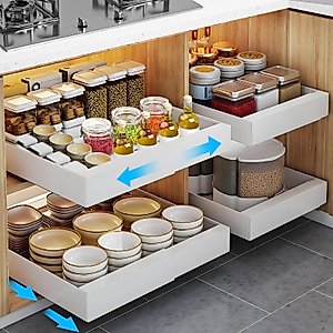 2 Pcs Pull Out Cabinet Organizer, Expandable(12.4"-20.5") Pull Out Drawers for Cabinets Slide Out Drawers for Kitchen Cabinets with Adhesive Nano Film Mounting Adjustable for Kitchen, Pantry (White)