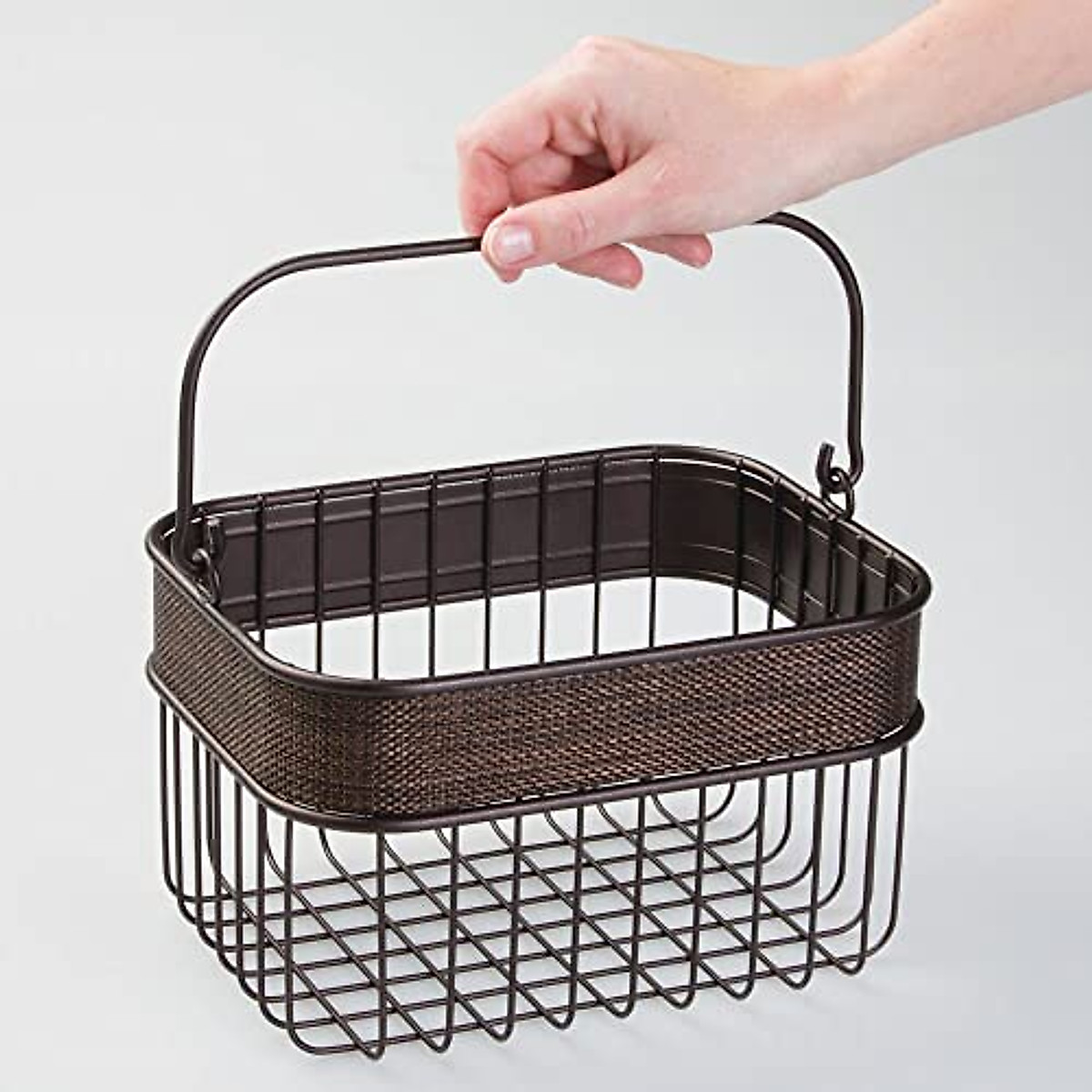 mDesign Metal Woven Storage Basket Bin with Handle for Organizing Hand Soaps, Body Wash, Shampoos, Lotion, Conditioners, Hand Towels, Hair Accessories, Body Spray, Mouthwash - Small - Bronze