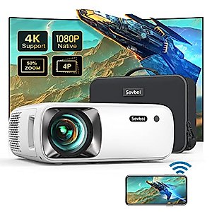 5G WiFi Outdoor Bluetooth Projector 4K Supported: 15000L 460 ANSI Native 1080P Projector, 4D/4P Keystone 400'' & 50% Zoom Sovboi Mini Movie Projector, Soi-Smart System Portable Projector for Phone/PC