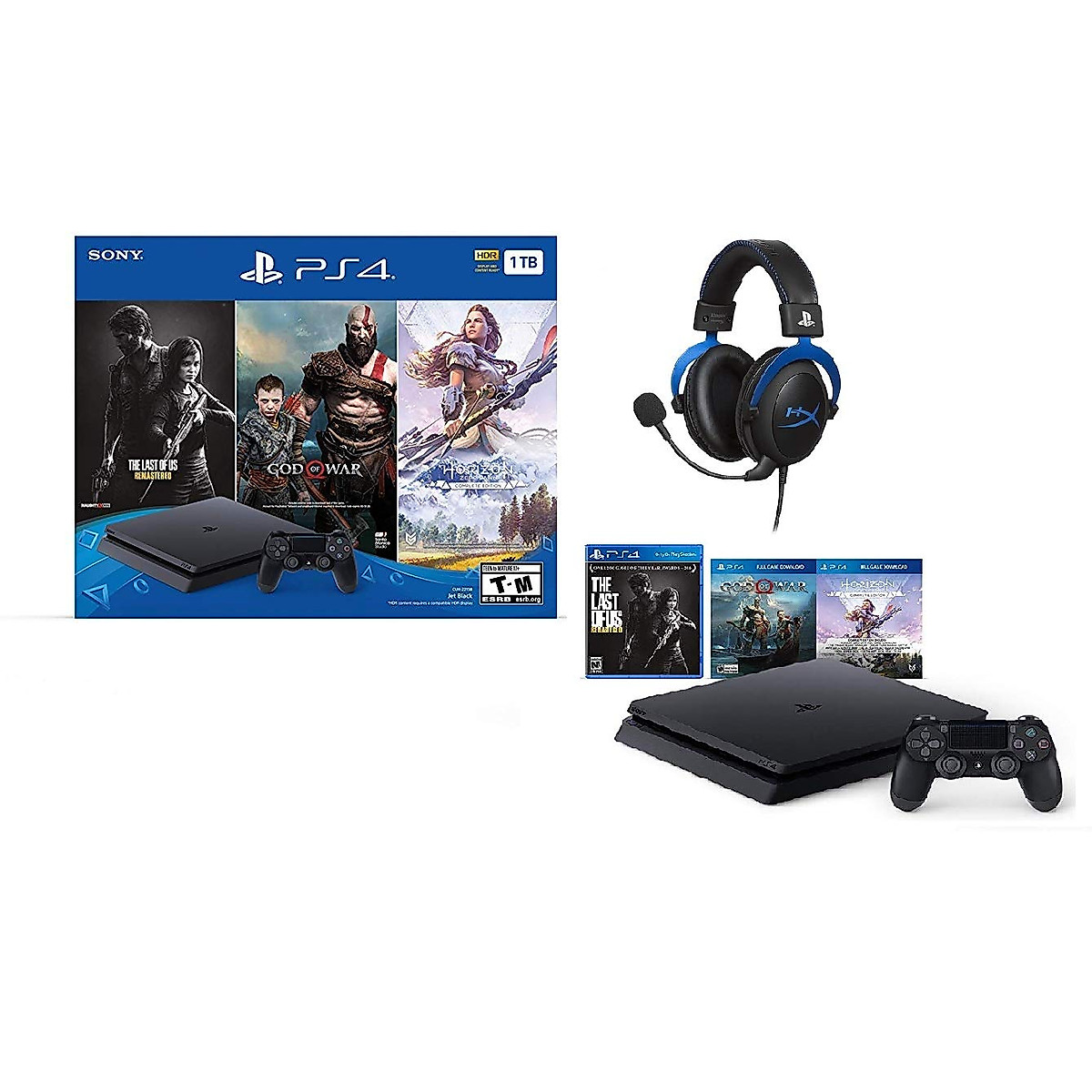 PlayStation 4 Slim 1TB Console + HyperX Cloud Licensed Gaming Noise Cancelling Headset Headphones + 3 Games (God of War, The Last of US, Horizon Zero Dawn) Bundle