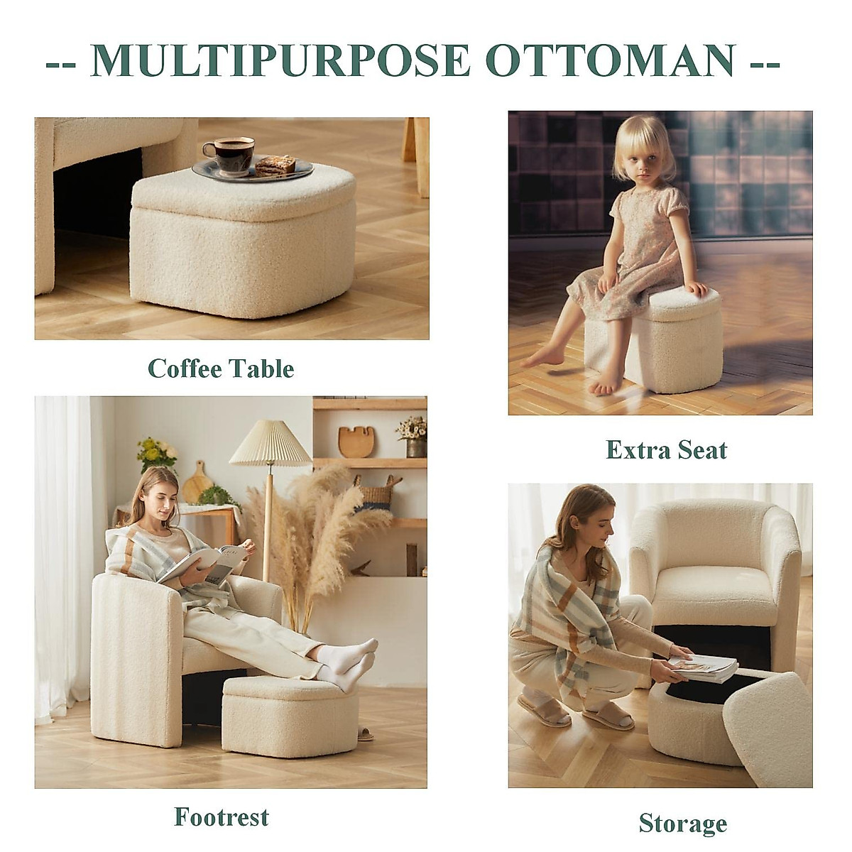 COLAMY Upholstered Sherpa Barrel Chair with Ottoman Set of 2, Modern Single Sofa Accent Lounge Chair Armchair Club Chair with Storage Space-Saving for Living Room Bedroom Office, Cream