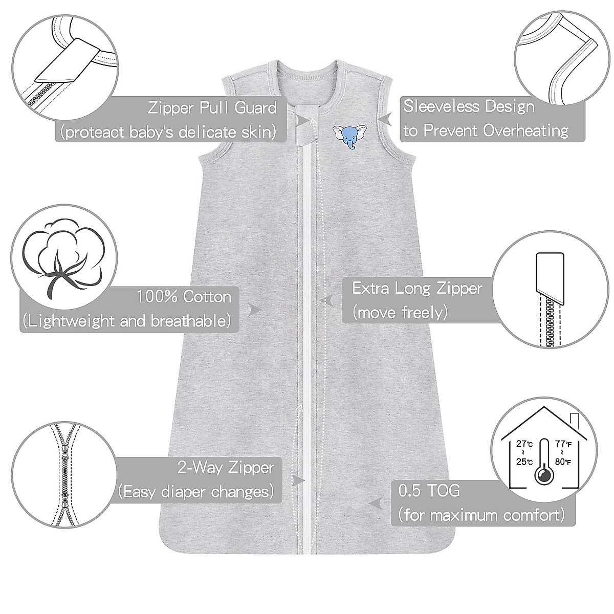 Pro Goleem Baby Wearable Blanket Cotton Sleep Sack 0-6 Months, Newborn Sleeveless Sleep Sack Bag with 2-Way Zipper, Lightweight Sleepsack for Newborn Baby Gifts (0.5 TOG, Small, Grey)