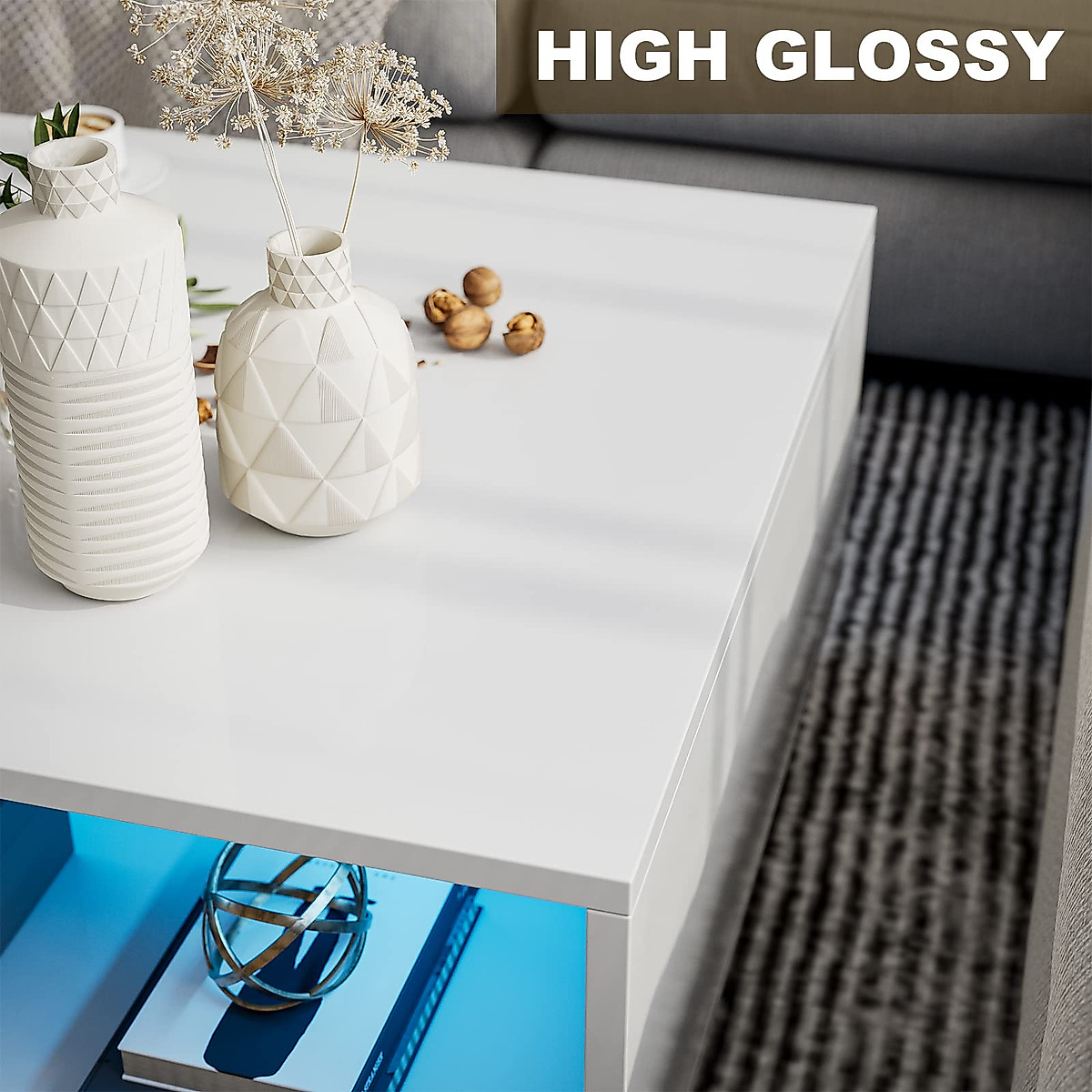 IKIFLY Modern LED Coffee Table with A Drawer, White High Glossy Coffee Table with 16 Colors LED Lights for Living Room