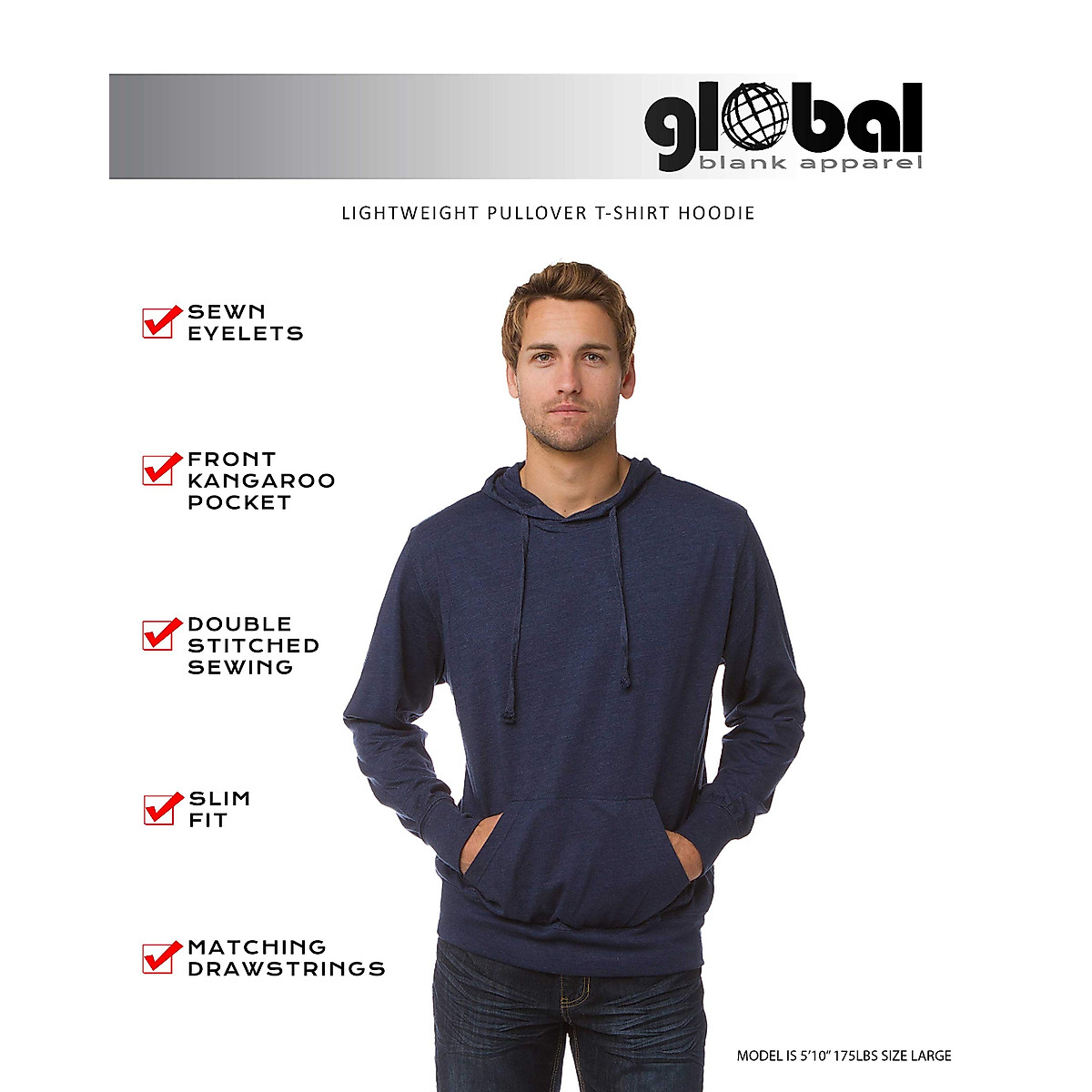 Global Blank Men's Hooded Shirt Long Sleeve T-Shirt with Hood Lightweight Hoodie for Men, Dark Grey, Large