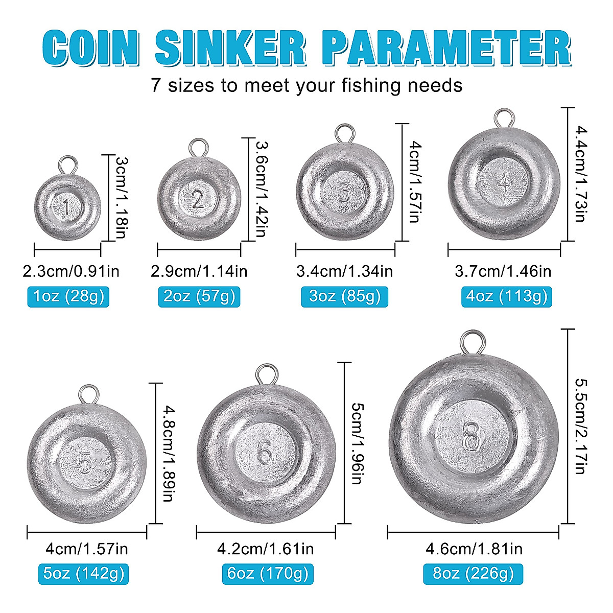 Disc Sinkers Fishing Weights,Coin Sinkers Weights Saltwater Surf Fishing Weights Catfishing Gear Tackle 8oz 6oz 5oz 4oz 3oz 2oz 1oz