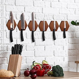 Layhit 6 Pcs Hexagon Magnetic Knife Holder Stand for Wall 2.36 Inch Magnetic Knife Block Wood Knife Wall Magnet Rack with Adhesive Tape and Screws for Kitchen Fridge Utensil Organizer Refrigerator