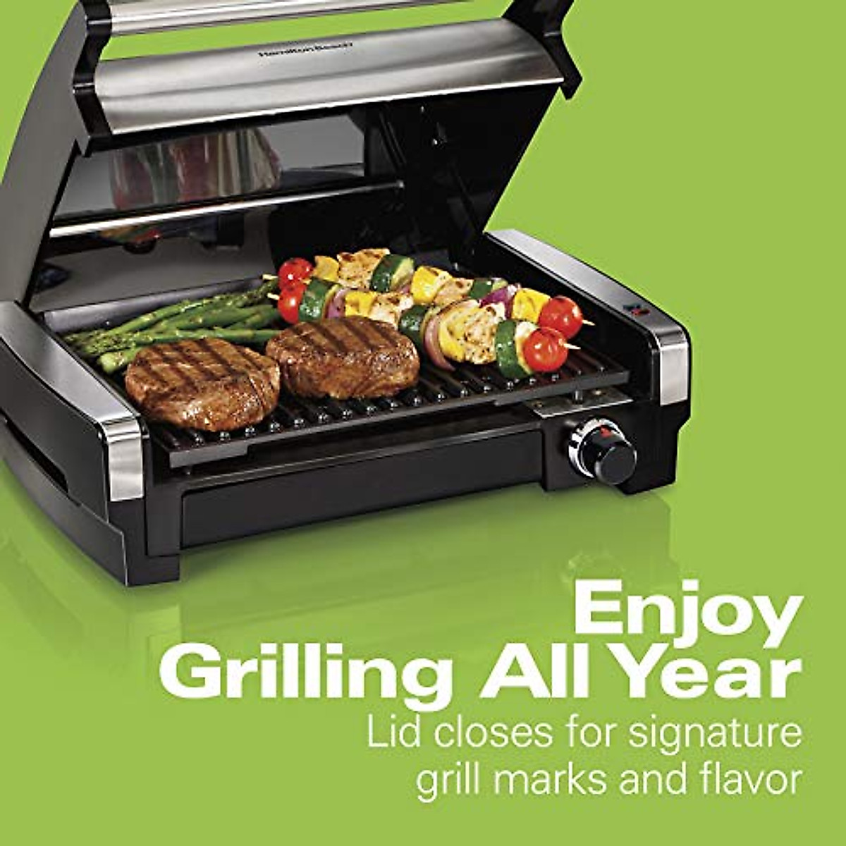 Hamilton Beach Electric Indoor Searing Grill with Adjustable Temperature Control to 450F, Removable Nonstick Grate, 118 sq. in. Surface Serves 6, Stainless Steel
