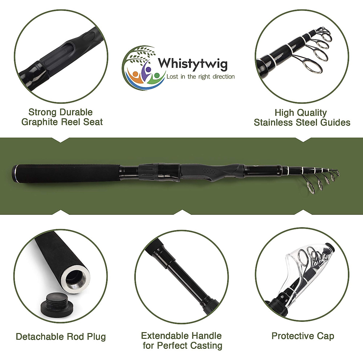 Whistytwig Compact Telescopic Fishing Rod - Versatile Retractable Pole for Fresh & Saltwater, Portable Fishing Rod, Ideal for Travel (Black/White - Lure Fishing, 7'2.5")