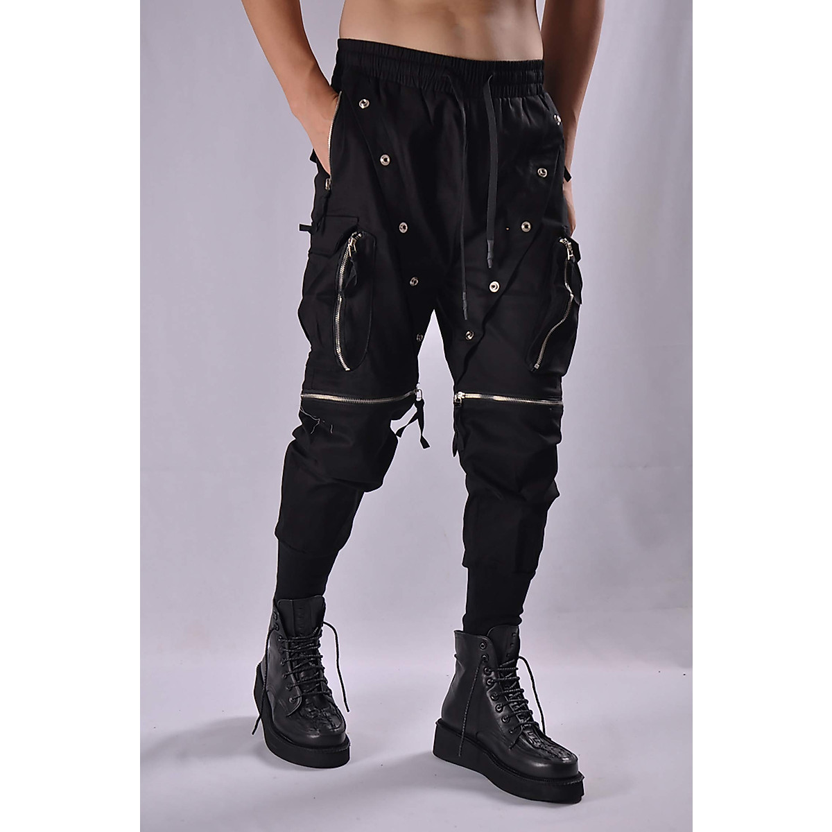 MOKEWEN Men's Women Rivet Zipper Decorate Pockets Cargo Jogger Active Pants 32-33