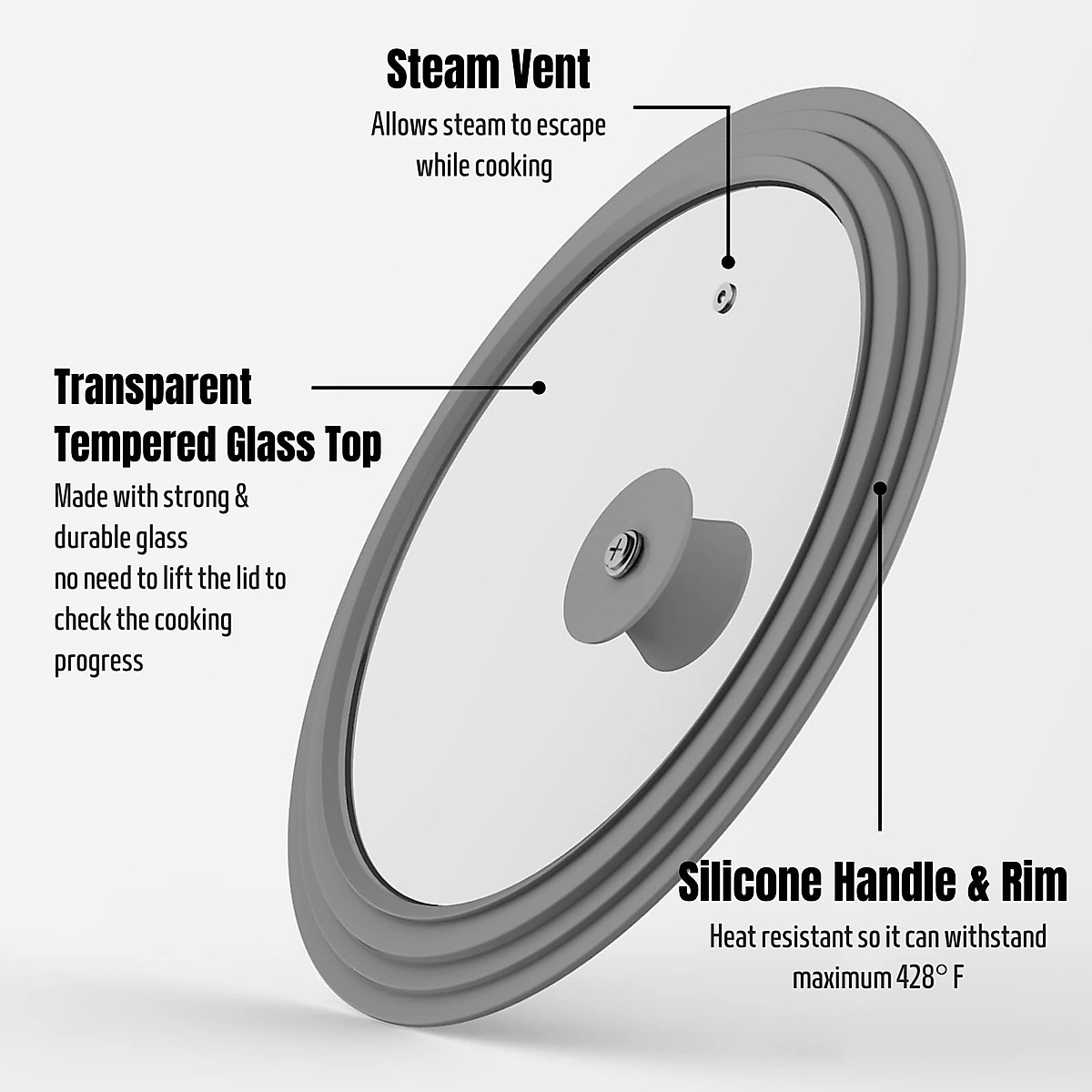 J&C LIFE Universal Lids for Pots, Pans & Skillets (2PCs, Grey) Fits 7-8.5, 10-12 Inch Frying Pan Skillet, Glass Pan Lids with Heat Resistant Silicone Rim, Pan Cover for Cast Iron Skillet Cookware
