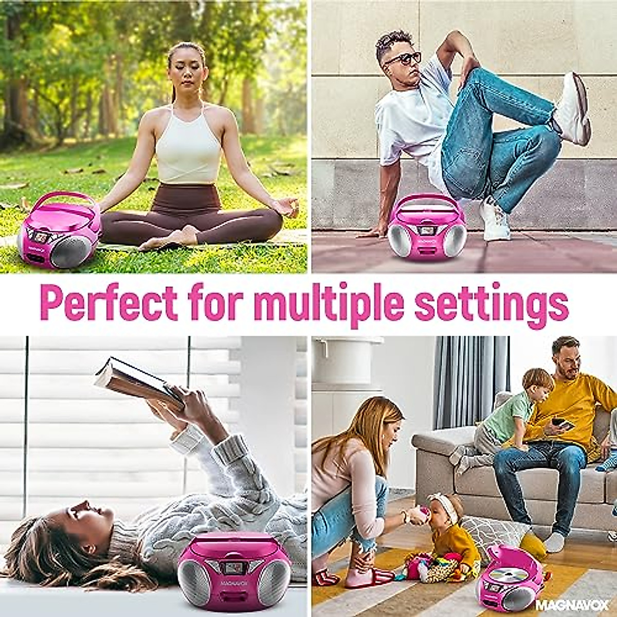 Magnavox MD6924 Portable Top Loading CD Boombox with AM/FM Stereo Radio in Black | CD-R/CD-RW Compatible | LED Display | AUX Port Supported | Programmable CD Player | (Pink)