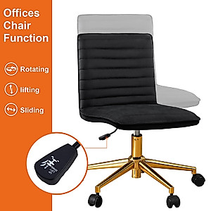 Furniliving Home Office Chair, Armless Vanity Chair with Wheels Swivel Velvet Computer Rolling Desk Chair with Back, Adjustable Accent Chair with Gold Metal Base Stool Chair,Black