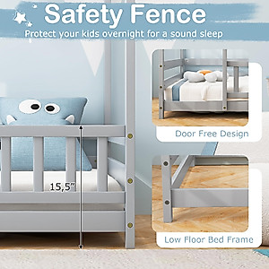 Giantex Twin Floor Bed with Fence, Wood Montessori Bed with Safety Guardrails and 80.5" High Roof Design, Without Slats, House Bed Frame, Low Floor Bed Twin for Kids, Girls, Boys (Grey)