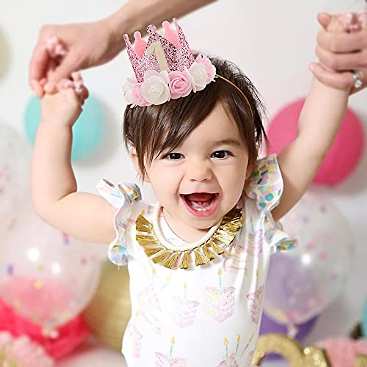 Kbrand Hat First Birthday 1st For Baby Girl Decoration Gifts Rose Gold Baby Pink Party Crown One Year Old Flowers Princess Pink 3inch