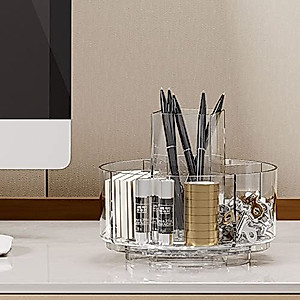 LINFIDITE 360 Rotating Makeup Organizer Spinning Cosmetic Display Cases with 5 Compartment Acrylic Clear Round Turntable Storage Tray Bathroom Counter Organizer Makeup Brush Lip Gloss Organizer Case
