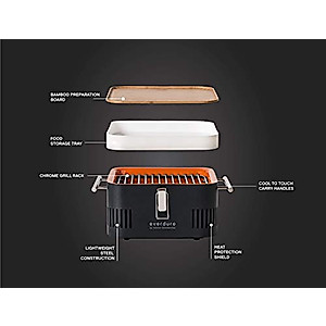 Everdure CUBE Portable Charcoal Grill, Tabletop BBQ, Perfect Tailgate, Beach, Patio, or Camping Grill, Lightweight & Compact Small Grill with Preparation Board & Food Storage Tray, Graphite