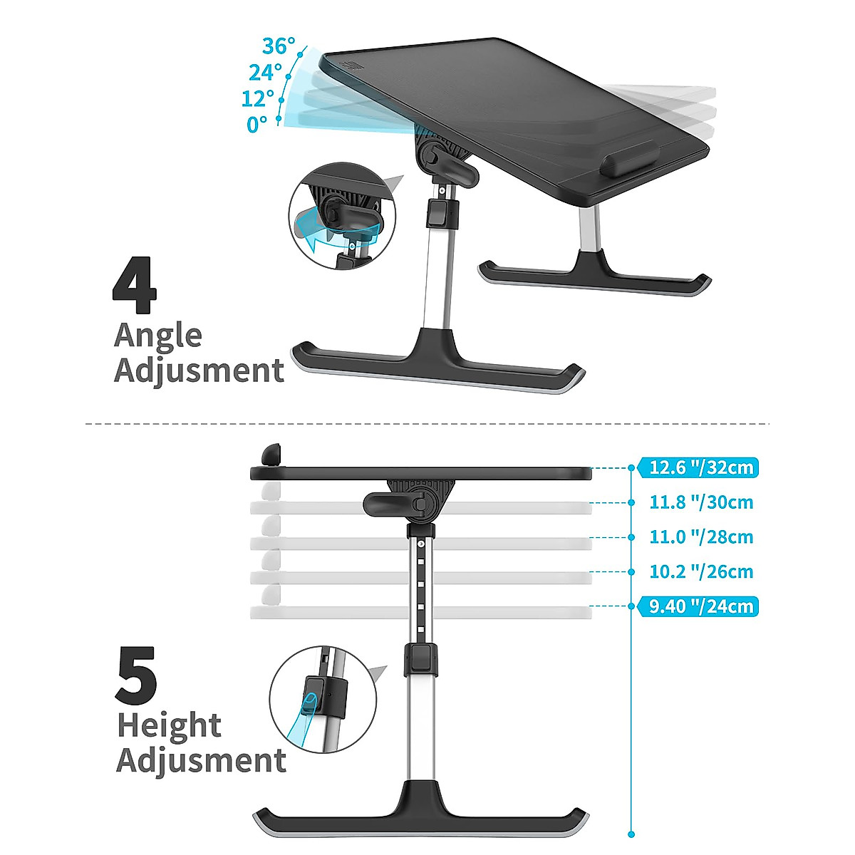 SAIJI Leather Laptop Bed Tray Table, Adjustable Laptop Stand with Removable Stopper, Portable Lap Desks with Foldable Legs, Notebook Stand Breakfast Reading Desk for Sofa Couch(Large,Black)