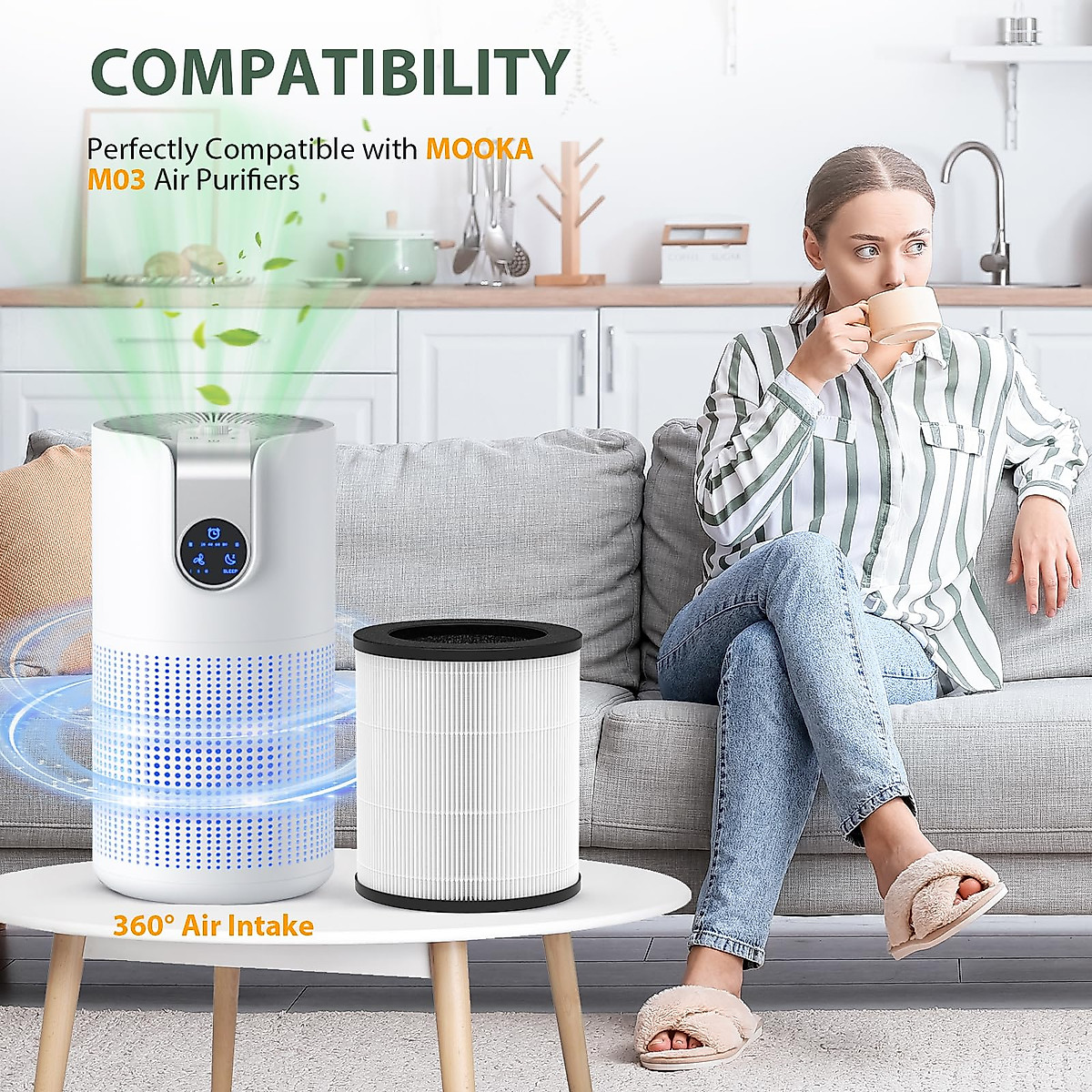 M03 Replacement Filter Compatible with MOOKA M03 Air Purifier, H13 True HEPA Filter, 3-in-1 Pre-Filter, HEPA Filter, High-Efficiency Activated Carbon Filter Filtration System, 2 Pack