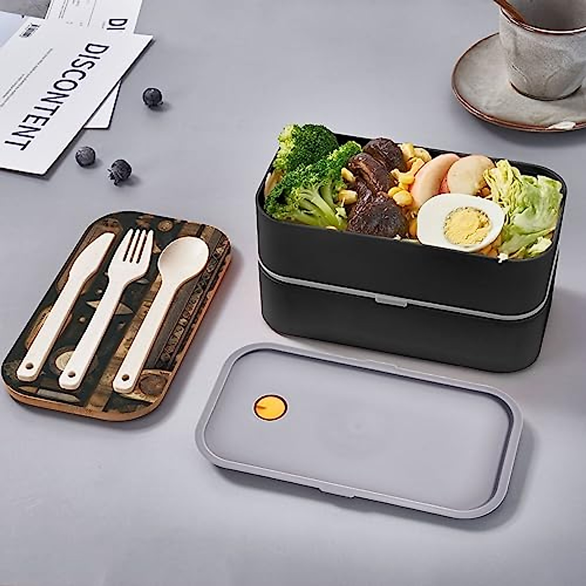 Bohemian Style Adult Lunch Box, Bento Box, With Cutlery Set Of 3, 2 Compartments, Rectangular, Lunch Box For Adults