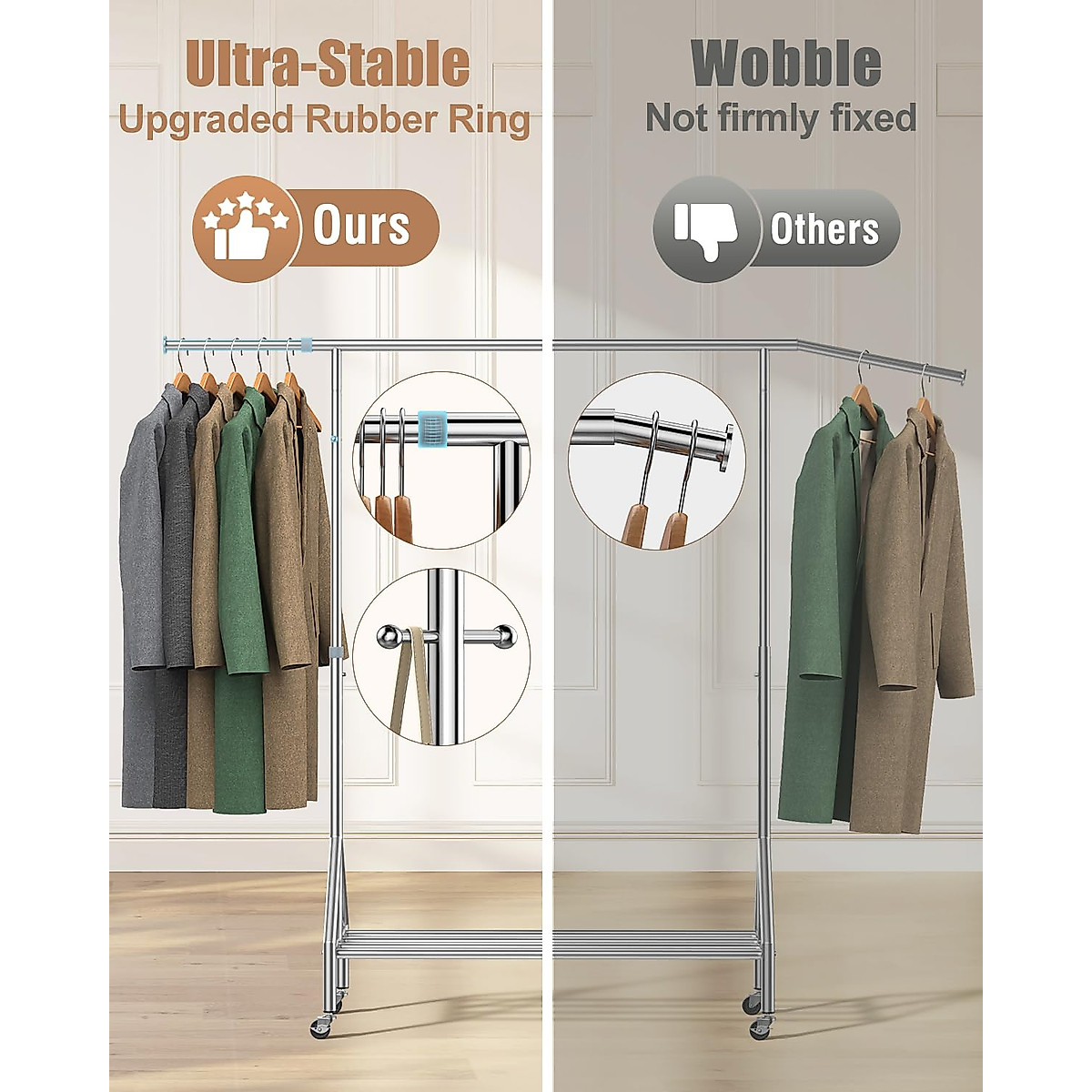 100% Stainless Steel Clothing Rack Load 760LBS, Ultra-Stable Heavy Duty Clothes Rack W/ Reinforced Rubber Ring, Extendable Adjustable Rolling Garment Racks W/ Sturdy Wheel for Portable Hanging Clothes