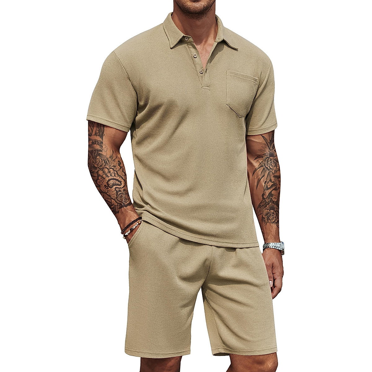 COOFANDY Men's Waffle Knit Polo Shirt and Shorts Set 2 Pieces Outfits Summer Suit Casual Tracksuit with Pockets