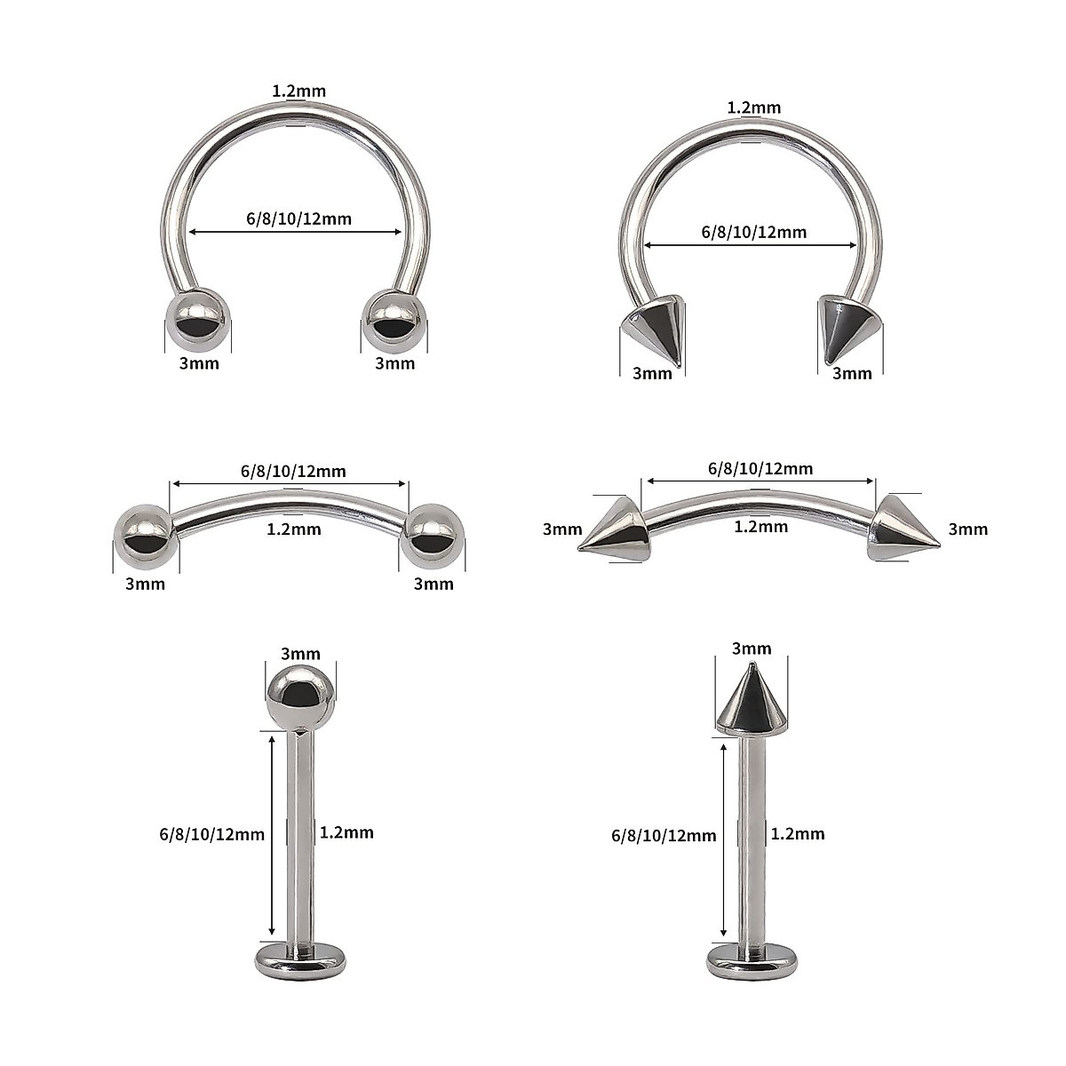 BLISI 8PCS 16G Implant Grade Titanium Silver Curved Barbell Eyebrow Piercing Rings Vertical Labret Lip Jewelry Rook Piercings 6mm/8mm/10mm/12mm Body Piercing Jewelry