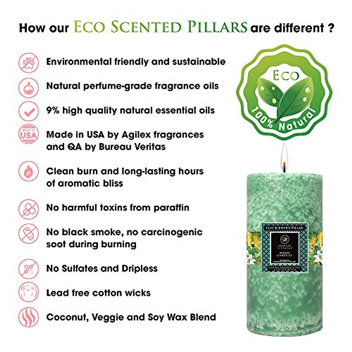 CocoSoy Scented Pillar Candles EcoAroma Natural Flower & Plant Fragrance Oils Aromatherapy & Home Scented , Organic Eco Wax 3' D x 6 " H Beautiful Marble Bamboo & Lily