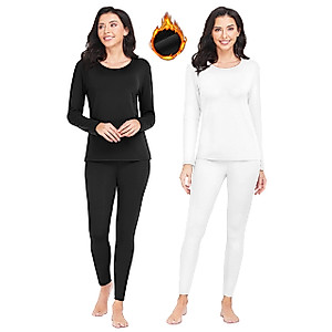 URATOT 2 Sets Women’s Thermal Underwear Set Fleece Lined Thermal Underwear Soft Long Johns Top Bottom Set for Women Cold Winter Black, White